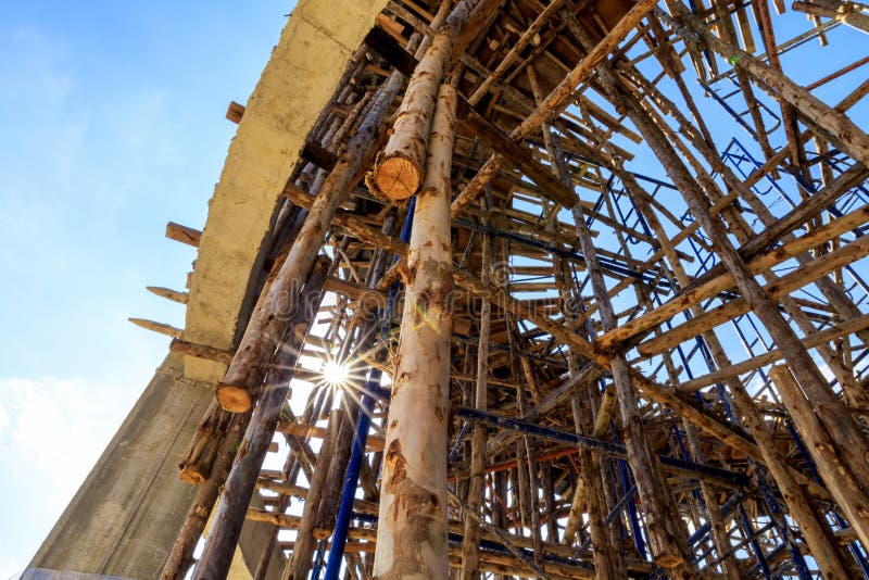 Wood Scaffolding Joint and Bolted Connection Closeup. Textured Wood ...