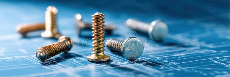 Collection of Wood Screws and Fasteners Arranged on a Blue Technical ...