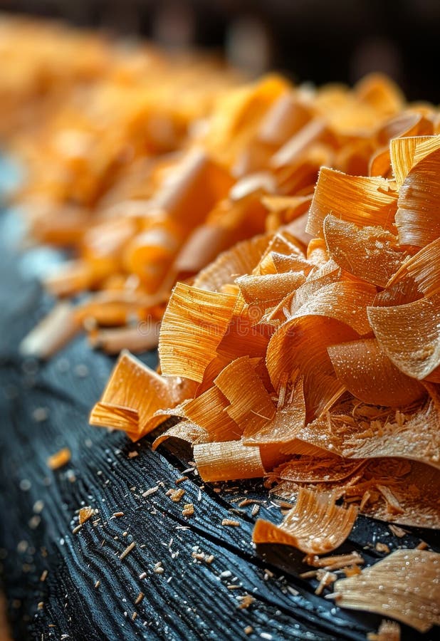 Wood Shavings on Black Wood. Wood Shavings from a Woodworking Project ...