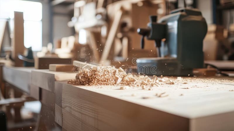 Wood Shavings Flying through the Air in Carpentry Workshop Stock Photo ...