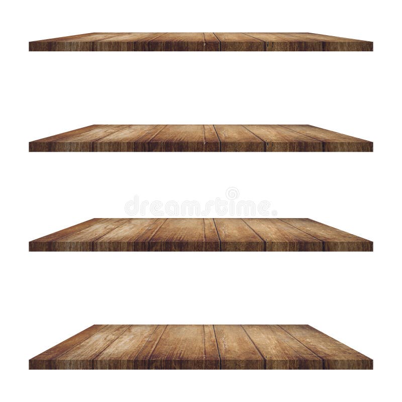 4 Wood Shelves Table Isolated on White Background and Display Montage ...
