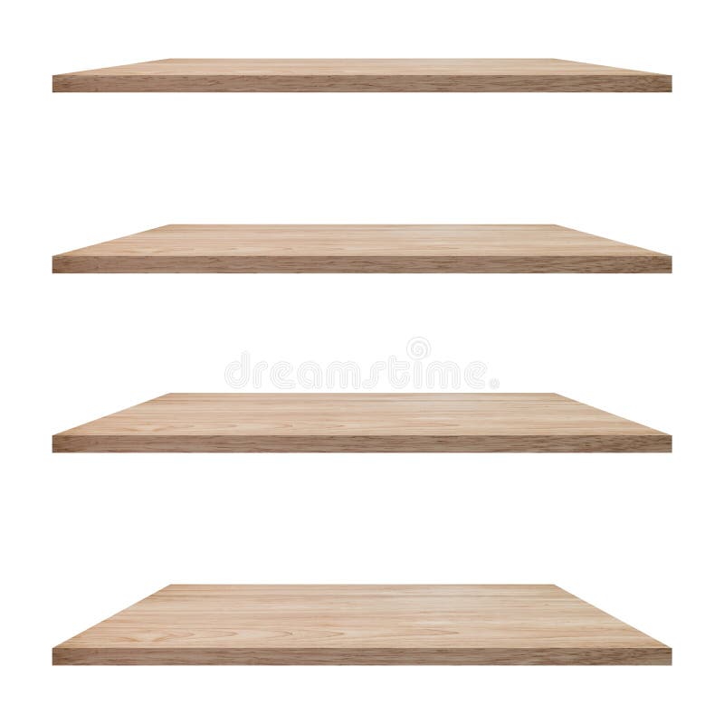 4 Wood Shelves Table Isolated on White Background and Display Montage ...
