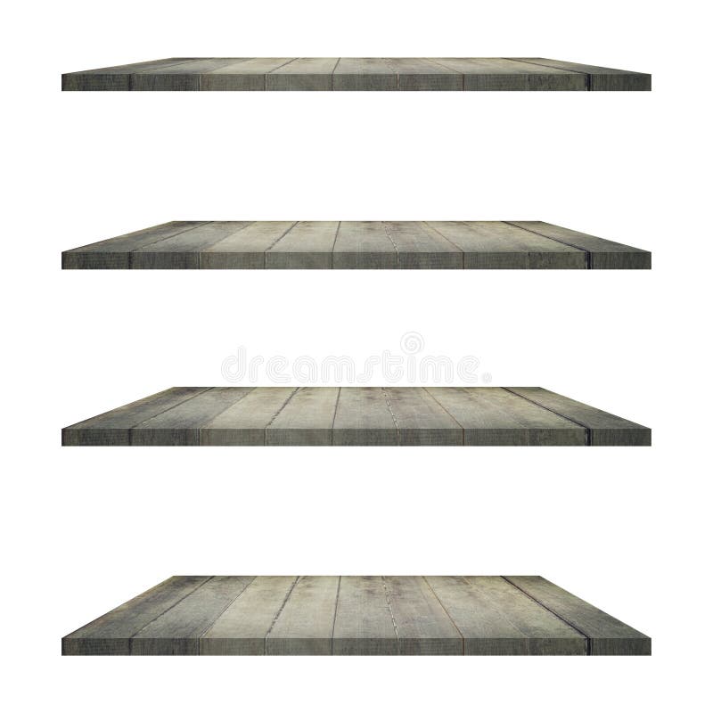 4 Wood Shelves Table Isolated on White Background and Display Montage ...