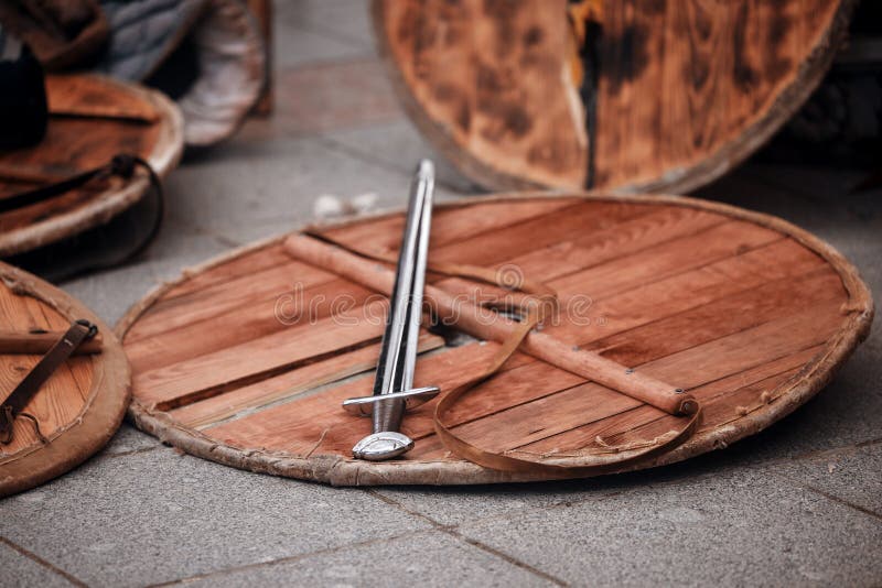 Wood Shield and Sword. Weapons of the Medieval Warrior Stock Image ...