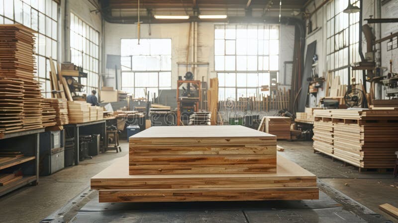 A Wood Shop with a Large Stack of Wood and a Man Working on a Table ...