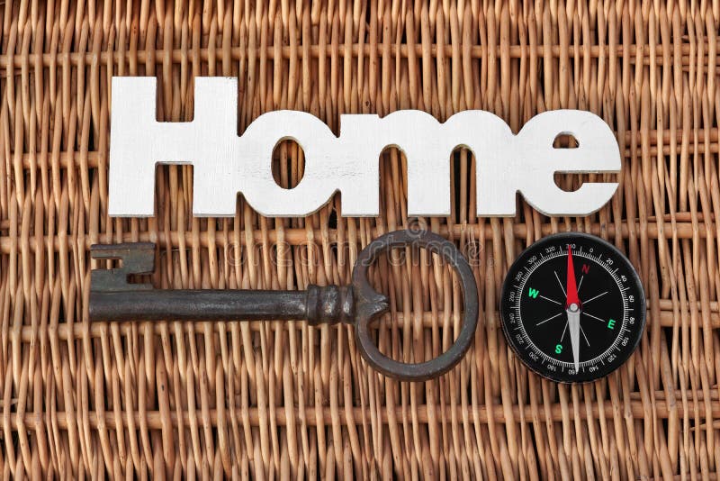 Wood Sign Home, Old Vintage Key and Compass Stock Photo - Image of ...