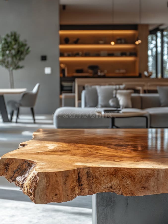 Wood Slab Table in a Modern Living Room Setting Stock Photo - Image of ...
