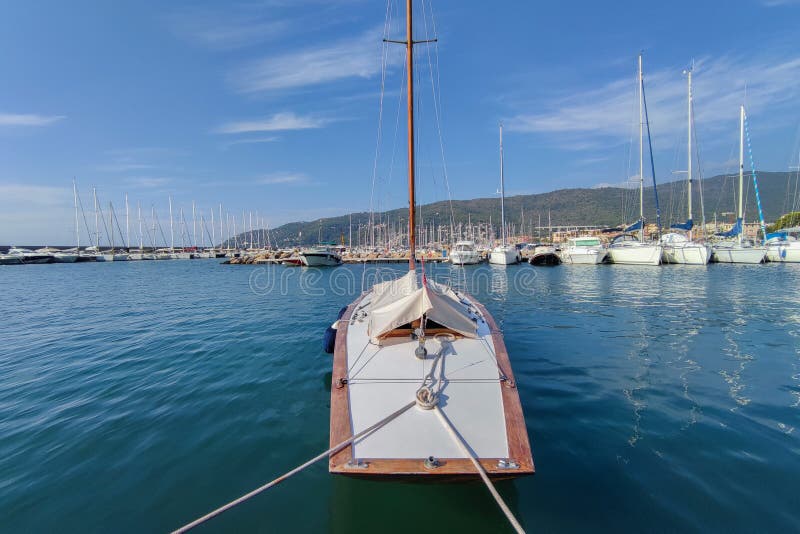 Wood Sloop Sail Boat in Harbor Stock Photo - Image of marina, tourism ...