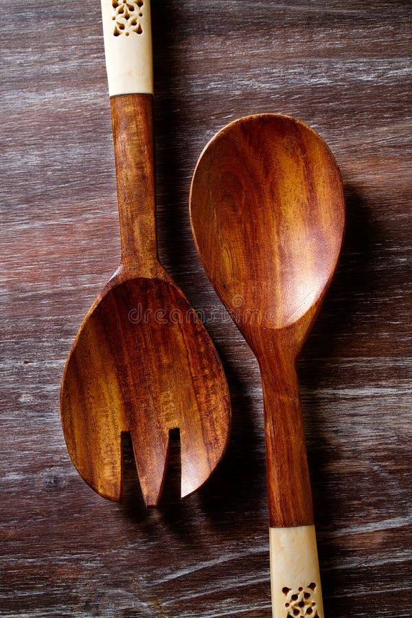 Wood Spoon and Fork on Wooden Board Stock Photo - Image of kitchenware ...