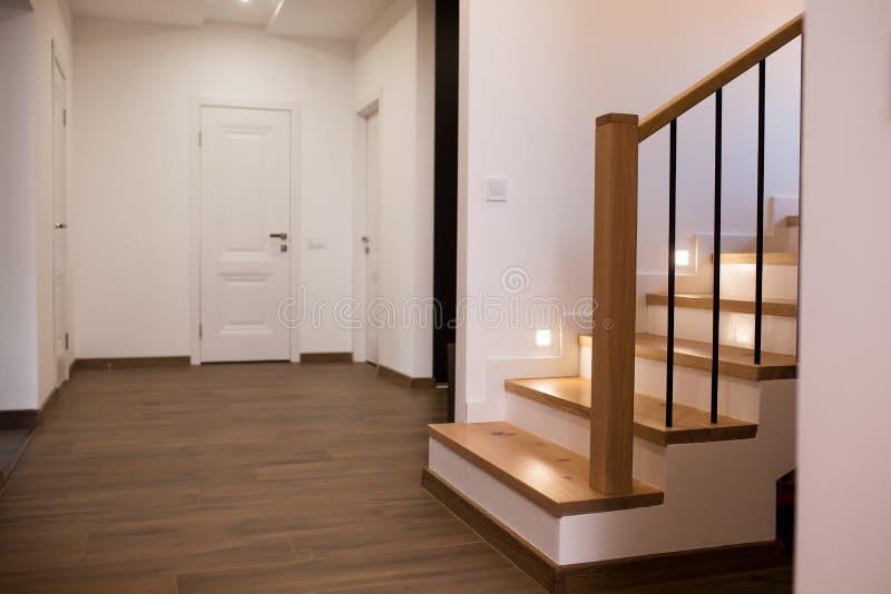 Wood Staircase Inside Contemporary White Modern House. Stock Image ...