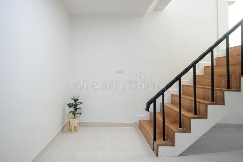 Wood Staircase Inside Contemporary White Modern House Stock Image ...