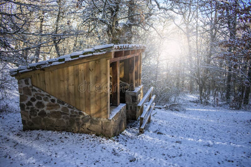 Wood and Stone Cabin in the Snowy Forest at Sunrise at Sunrise Stock ...
