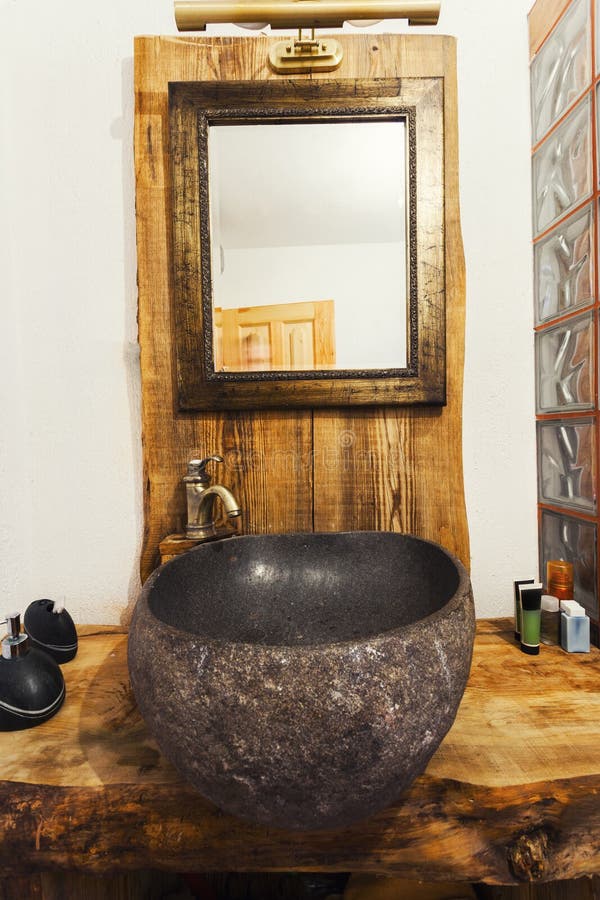 Wood and stone rustic sink stock image. Image of bathroom - 54792655
