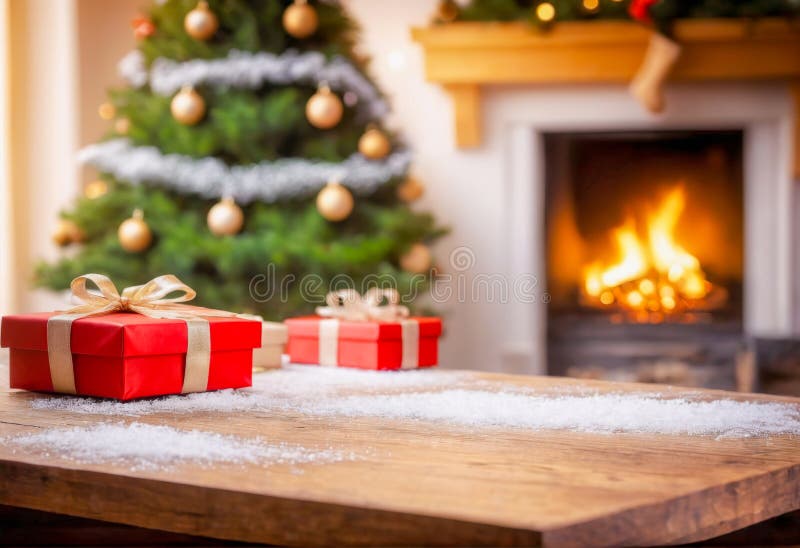 Wood Surface with Christmas Tree and Fireplace Background Stock ...