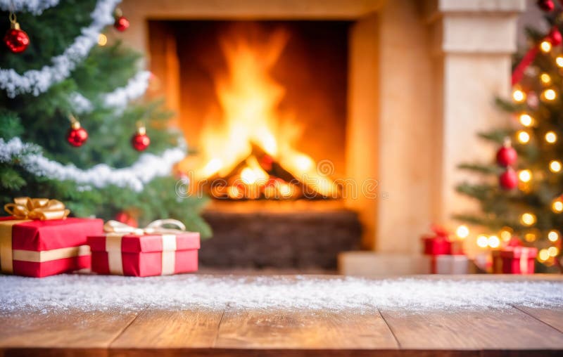 Wood Surface with Christmas Tree and Fireplace Background Stock ...