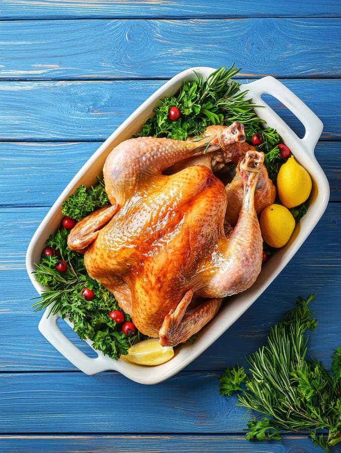 On a Wood-surfaced Table and Blue Background, a Whole Roast Turkey is ...
