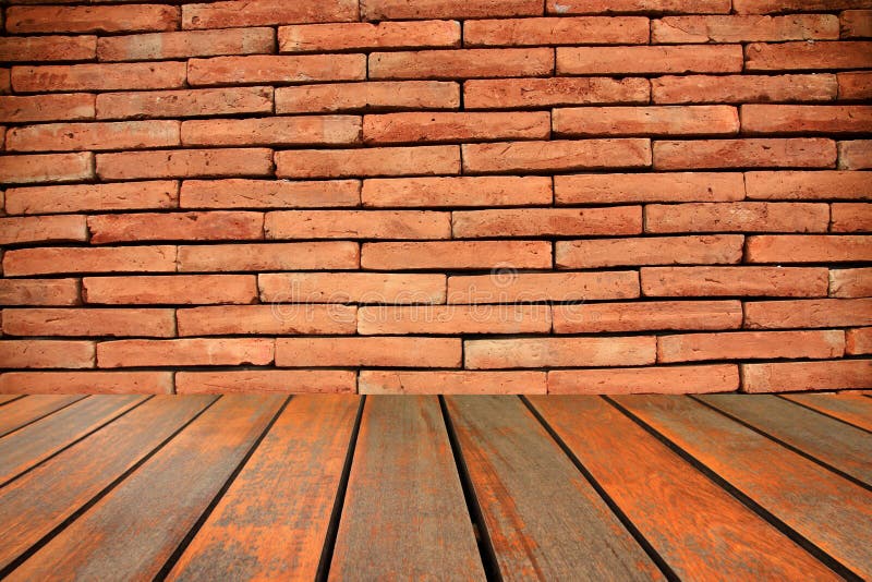 Wood Table and Abstract Red Brick Wall Background. Stock Image - Image ...