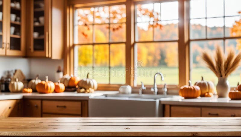 Wood Table with Autumn Kitchen in the Background Stock Illustration ...