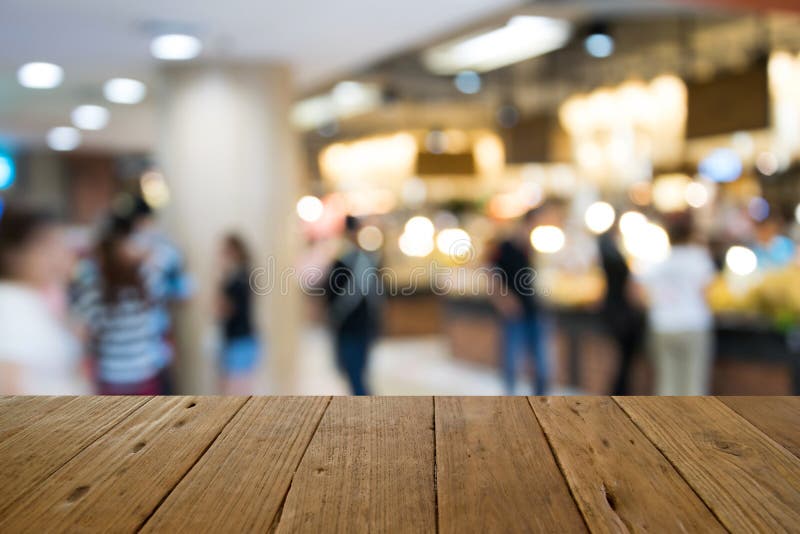 Wood Table on Blur Image People in Shopping Mall with Bokeh. Stock ...