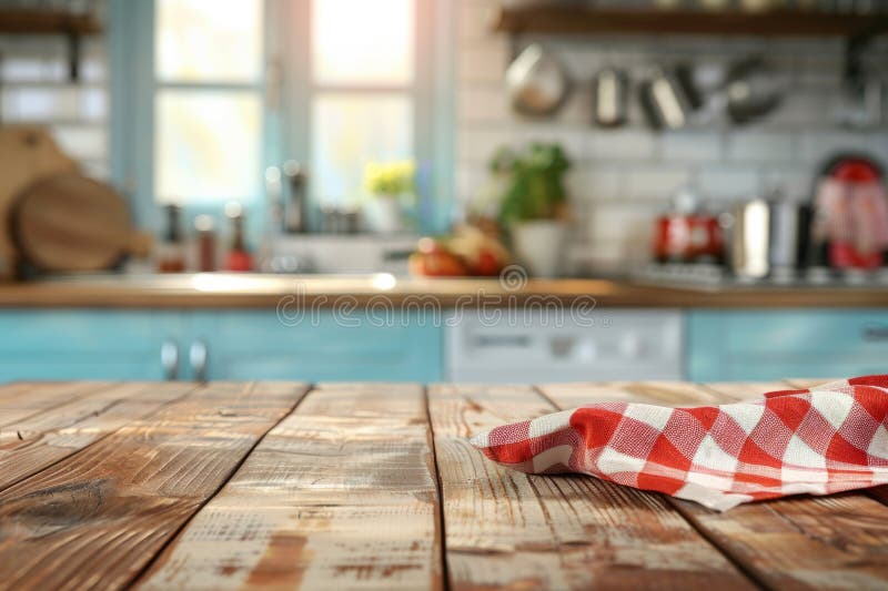 Wood Table with Blurred Kitchen Background Stock Photo - Image of ...