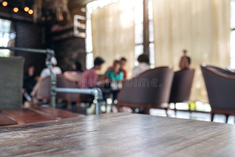 Wood Table with Blurred People in Cafe Stock Photo - Image of cafe ...