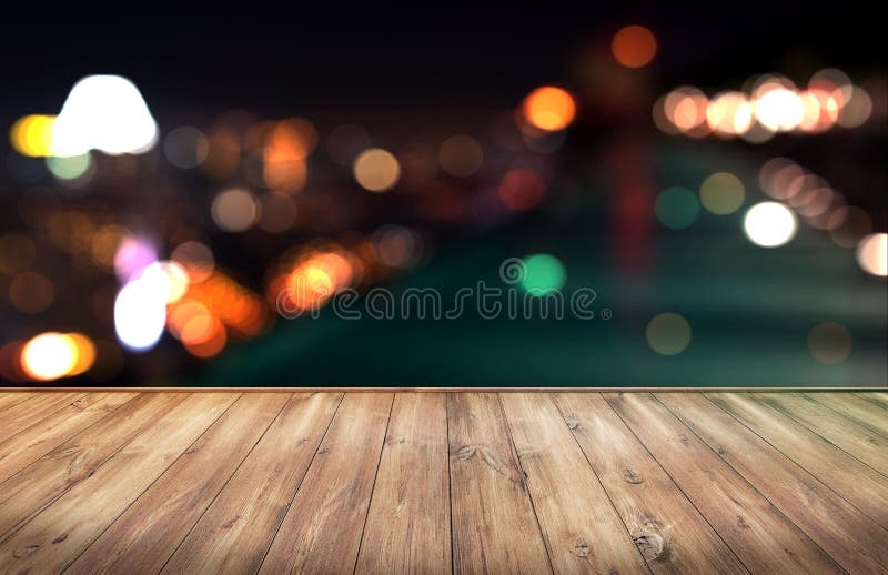 Wood Table with City Lights Night Blurred Background Stock Image ...