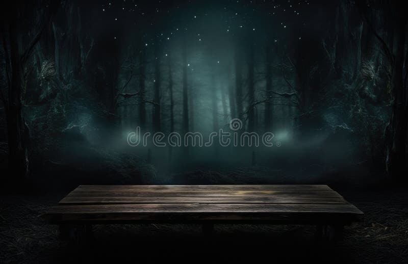 A Wood Table in a Dark Forest with Lights Stock Image - Image of blue ...