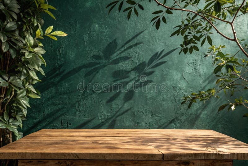 Wood Table on Dark Green Texture Wall Background. Composition with ...