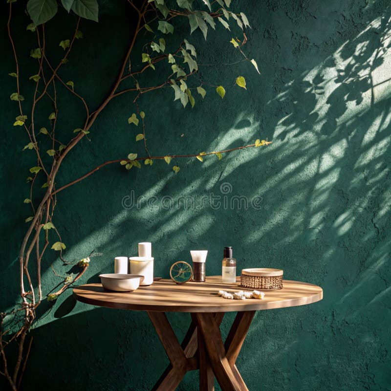 Wood Table on Dark Green Texture Wall Background. Composition with ...
