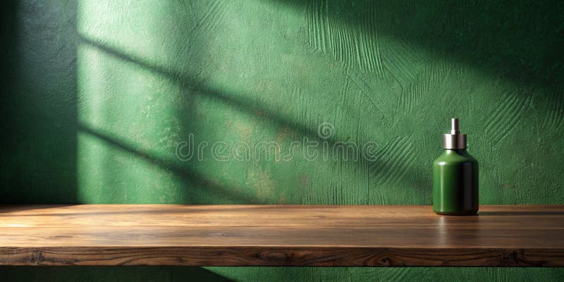Wood Table on Dark Green Texture Wall Background. Composition with ...
