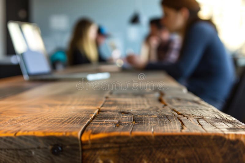 Wood Table Edge, Soft Focus Customers Using Laptops Behind Stock Photo ...