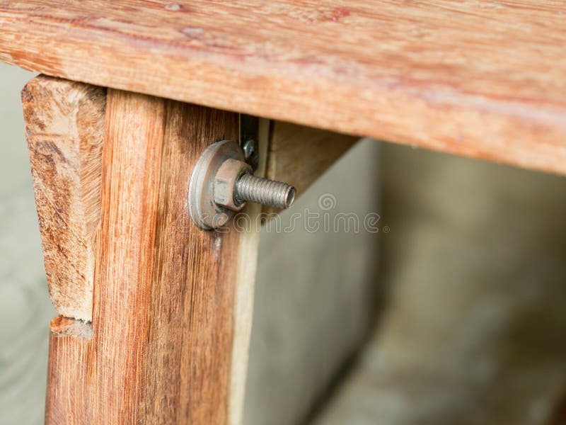 Wood Table is Fastened with Bolts Large . Stock Image - Image of ...