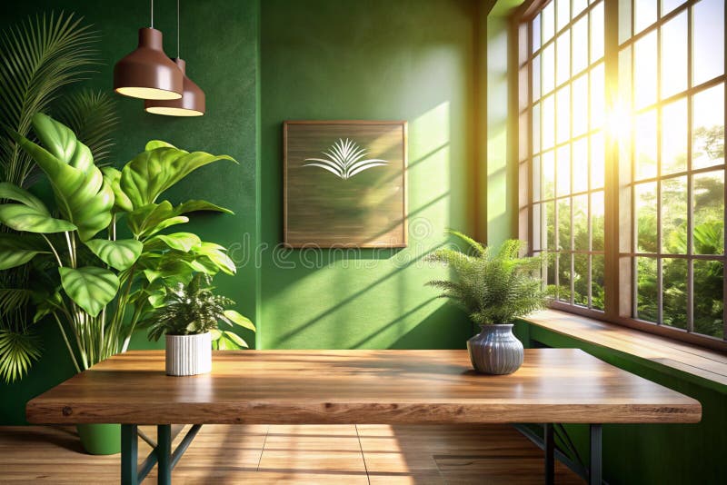 Wood Table Green Wall Background with Sunlight Window Create Leaf ...