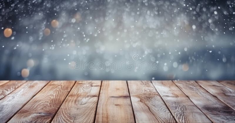 Wood Table Mockup with Falling Snow on Background. Empty Copy Space for ...