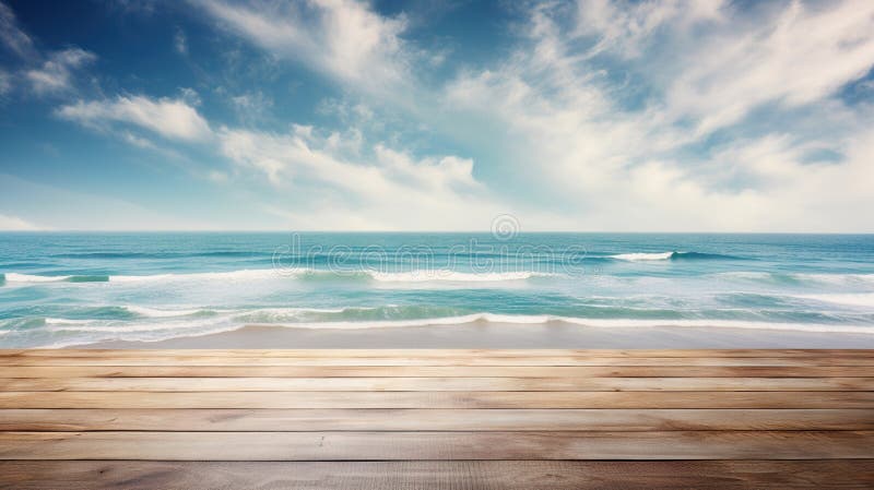 Wood Table Mockup with Ocean Waves on Background. Empty Copy Space for ...