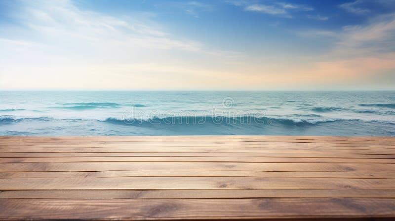Wood Table Mockup with Ocean Waves on Background. Empty Copy Space for ...