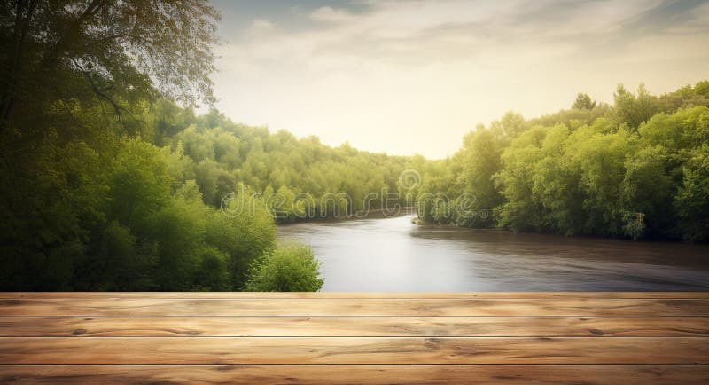 Wood Table Mockup with River in Forest on Background. Empty Copy Space ...