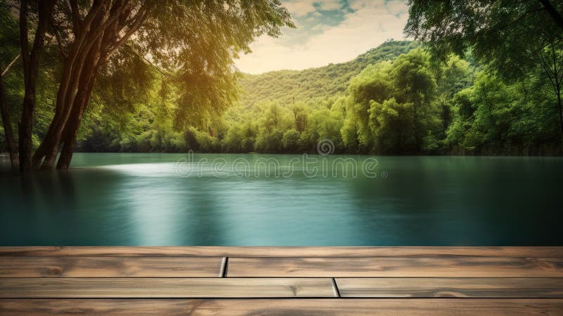 Wood Table Mockup with River in Forest on Background. Empty Copy Space ...