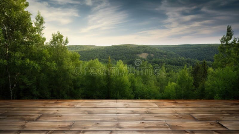 Wood Table Mockup with Scenic Green Forest on Background. Empty Copy ...