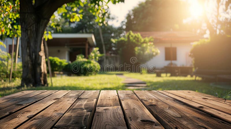 A Wood Table Space with Home Backyard, Blurred Background for ...