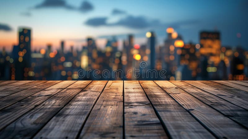 Wood Table Top with Background in the City Building Skyline Concept ...