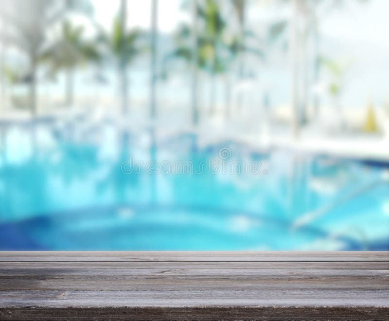 Wood Table Top Background and Pool 3d Render Stock Image - Image of ...