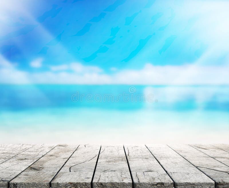 Wood Table Top Background Sea and Sky 3d Render Stock Image - Image of ...