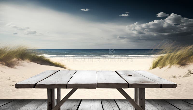 Wood Table Top on Beach Background with Sand Dunes and Blue Sky Stock ...