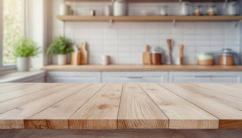 Wood Table Top on Blur Kitchen Counter (room)background Stock ...