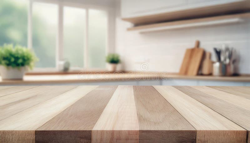 Wood Table Top on Blur Kitchen Counter (room)background Stock ...