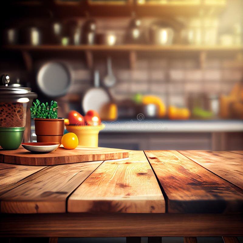 Wood Table Top on Blur Kitchen Created with Generative Ai Stock ...