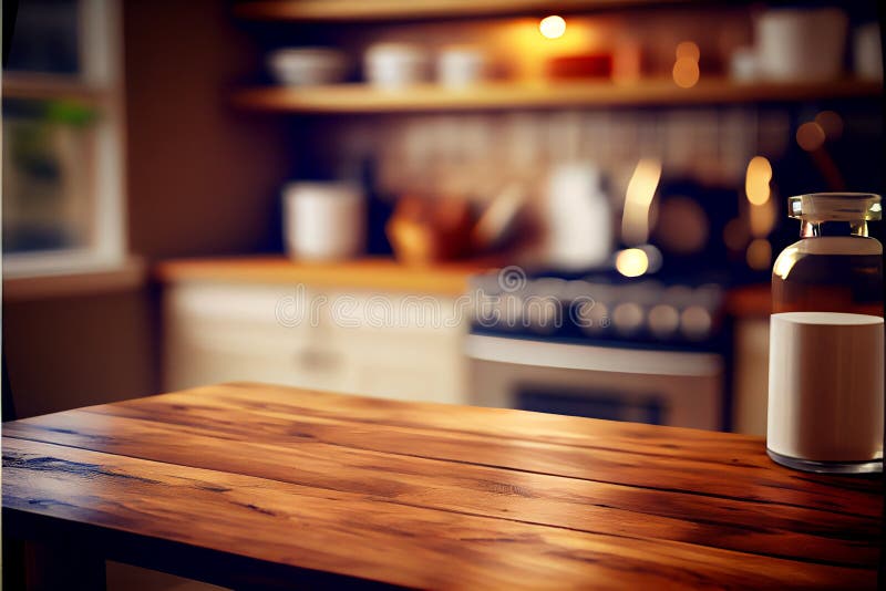 Wood Table Top on Blur Kitchen Created with Generative Ai Stock ...