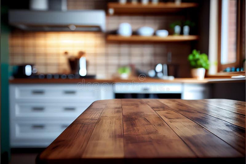 Wood Table Top on Blur Kitchen Created with Generative Ai Stock ...