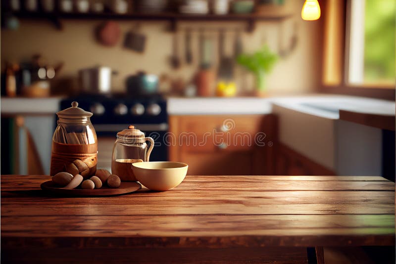 Wood Table Top on Blur Kitchen Created with Generative Ai Stock ...